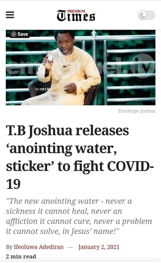 TB Joshua and COVID-19 Anointing Water -By Leo Igwe - Opinion Nigeria